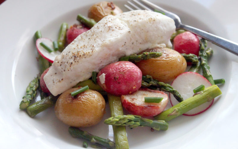 One-pan roasted spring vegetables with halibut - ChristianaCare News